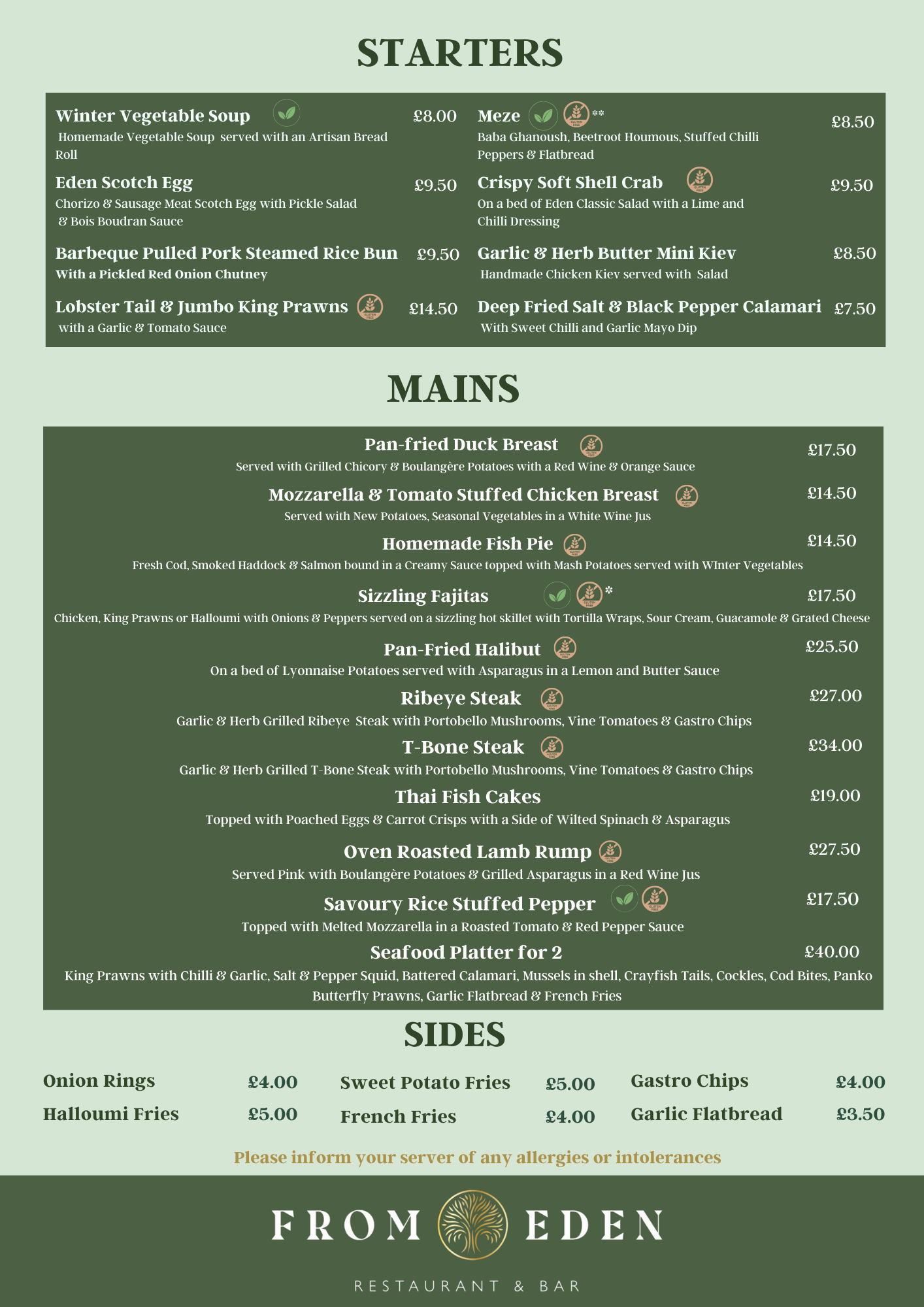 Evening Menu - From Eden